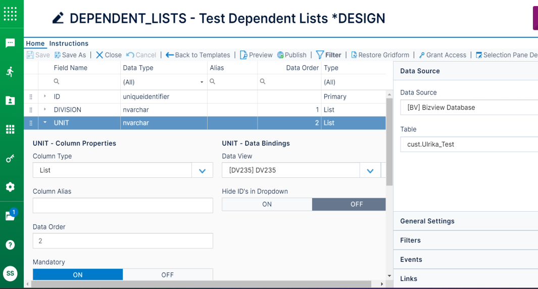 Dependent Lists – Bizview v23