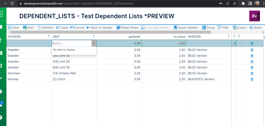 Dependent Lists – Bizview v23
