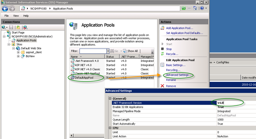 Changing the Default Application Pool .NET Framework Version – Bizview v23